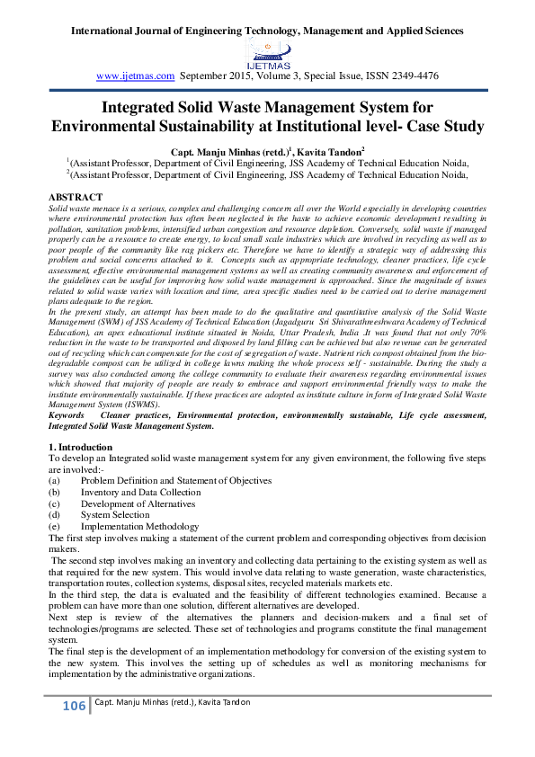 (PDF) Integrated Solid Waste Management System for Environmental Sustainability at Institutional ...