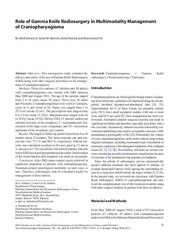 (PDF) Role of Gamma Knife Radiosurgery in Multimodality Management of Craniopharyngioma