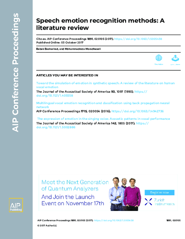 (PDF) Speech emotion recognition methods: A literature review