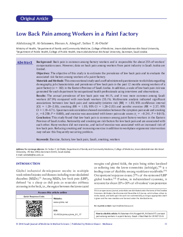 (PDF) Low back pain among workers in a paint factory