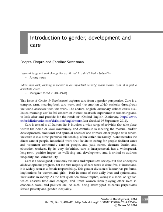 (PDF) Introduction to gender, development and care