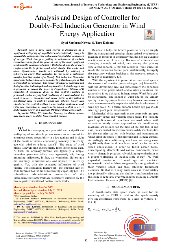 Pdf Analysis And Design Of Controller For Doubly Fed Induction Generator In Wind Energy