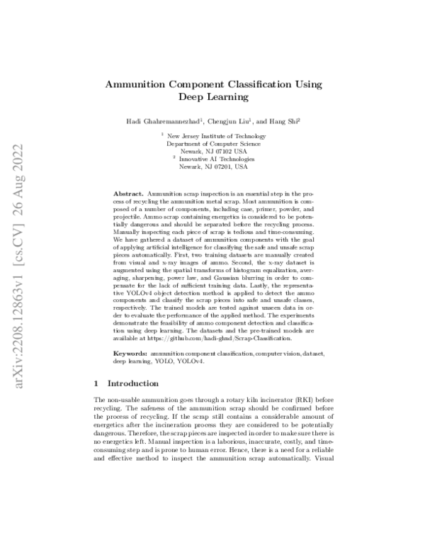 (PDF) Ammunition Component Classification Using Deep Learning