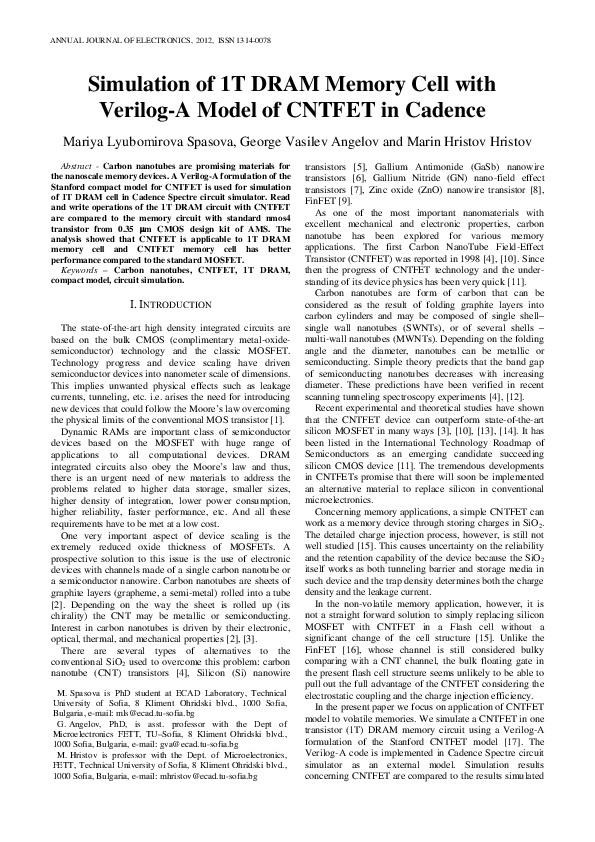 (PDF) Simulation of 1T DRAM Memory Cell with Verilog-A Model of CNTFET ...