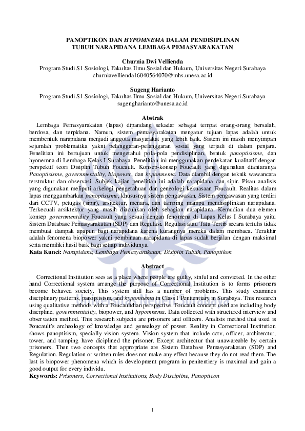 (PDF) Panoptikon Dan Hypomnema Dalam Pendisiplinan Tubuh Narapidana ...