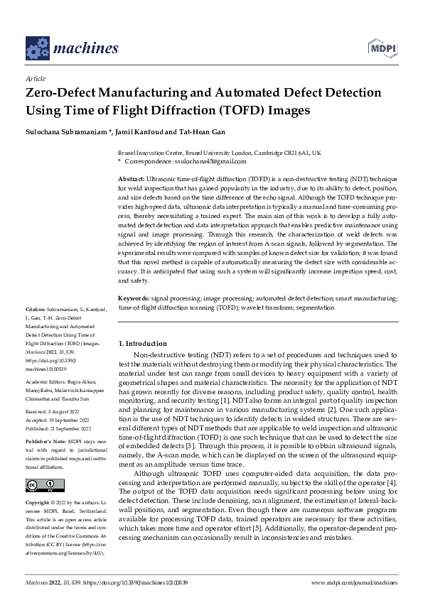 Pdf Zero Defect Manufacturing And Automated Defect Detection Using Time Of Flight Diffraction 6095