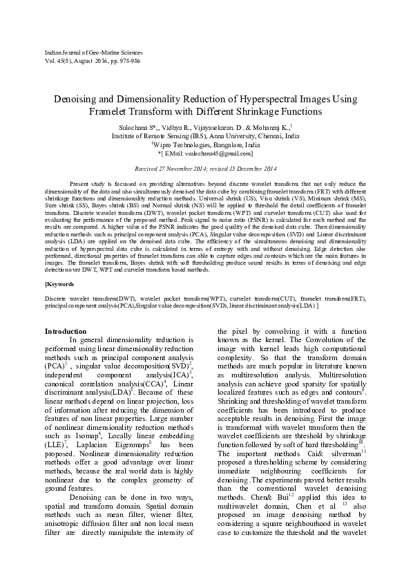 (PDF) De noising and Dimensionality Reduction of Hyperspectral Images Using Framelet Transform ...