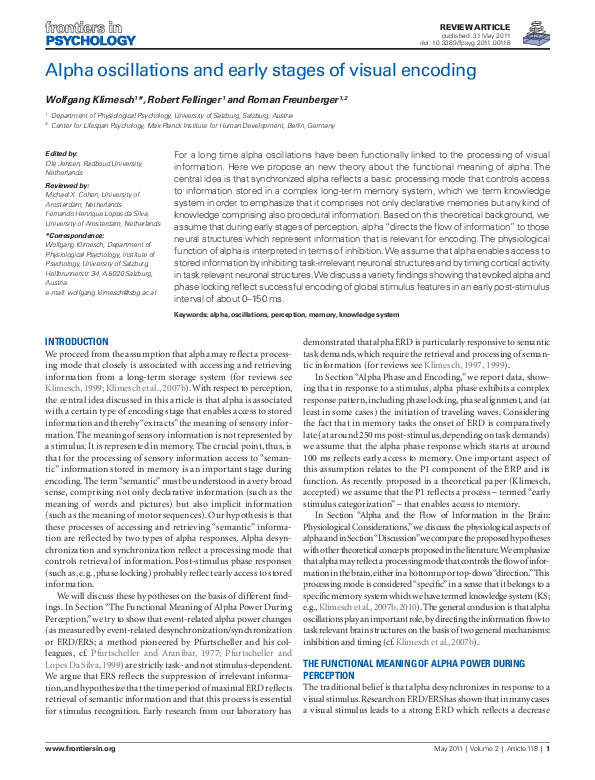 (PDF) Alpha Oscillations and Early Stages of Visual Encoding | Wolfgang Klimesch - Academia.edu