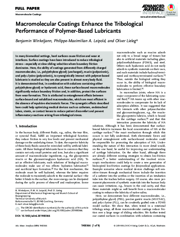 (PDF) Macromolecular Coatings Enhance the Tribological Performance of Polymer‐Based Lubricants ...
