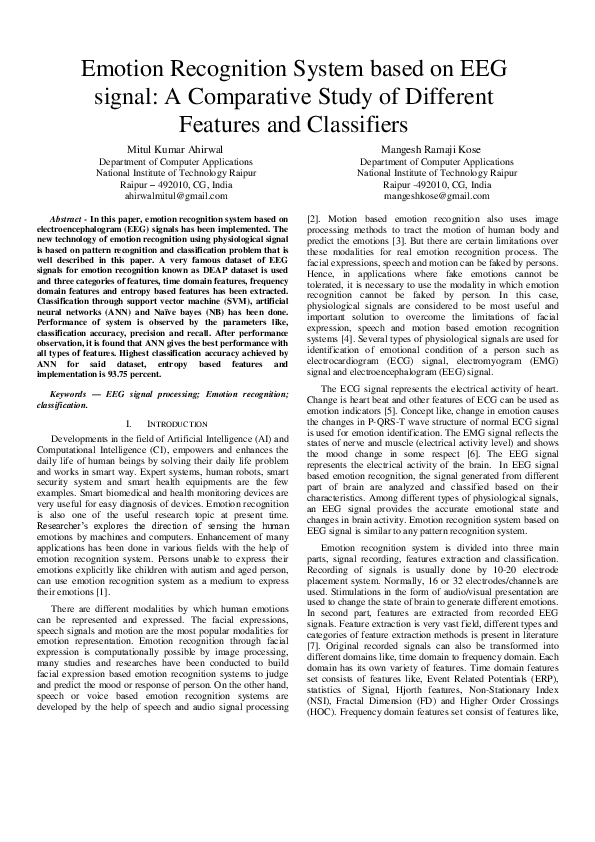 (PDF) Emotion Recognition System based on EEG signal: A Comparative ... (PDF) Emotion Recognition System based on EEG signal: A Comparative ...