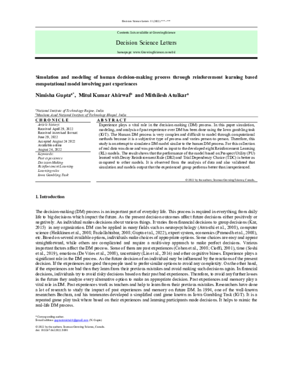 (PDF) Simulation and modeling of human decision-making process through ...