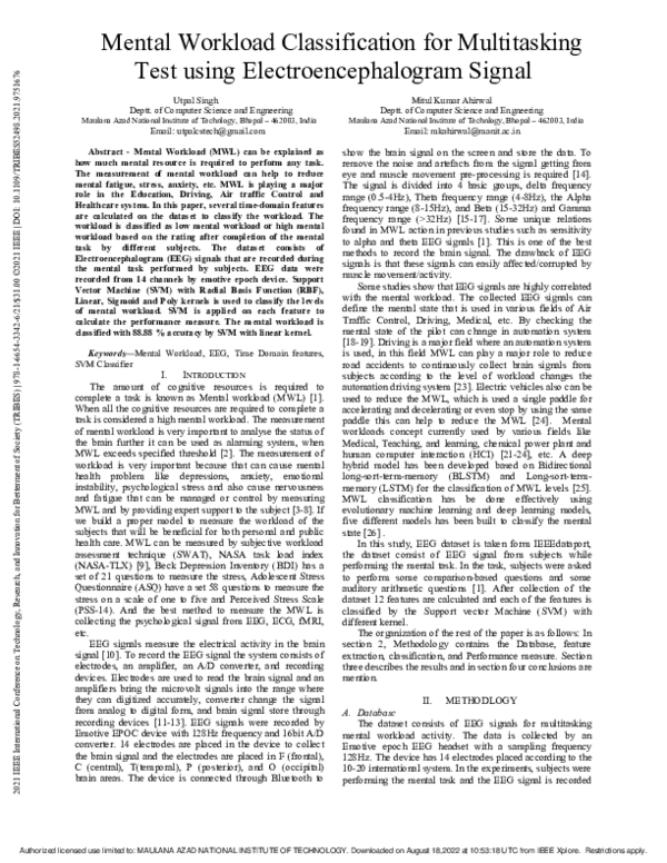 Pdf Mental Workload Classification For Multitasking Test Using Electroencephalogram Signal
