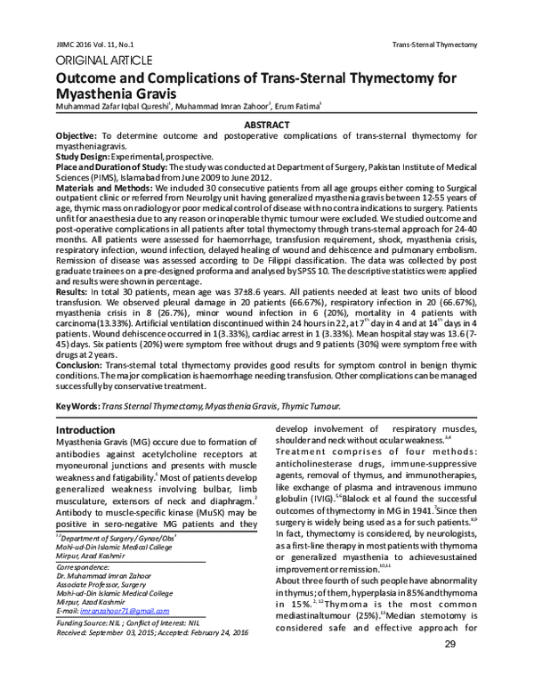 (PDF) Outcome and Complications of Trans-Sternal Thymectomy for Myasthenia Gravis