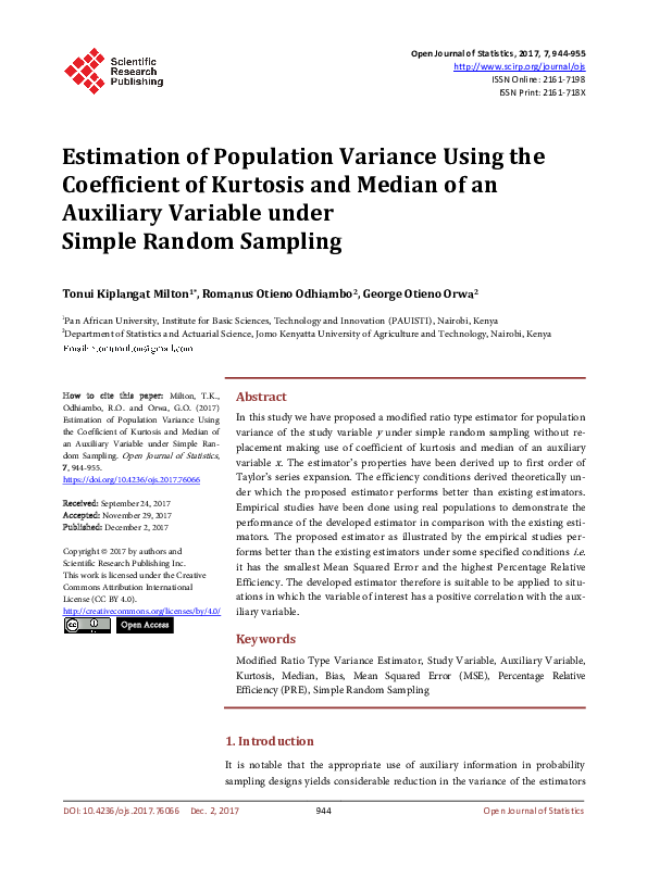 (PDF) Estimation of Population Variance Using the Coefficient of Kurtosis and Median of an ...