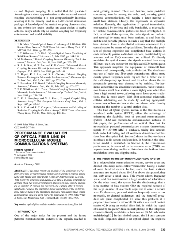 Pdf Performance Evaluation Of Optical Fiber Link In Microcellular Mobile Communications Systems