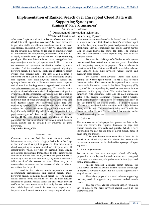 Pdf Implementation Of Ranked Search Over Encrypted Cloud Data With Supporting Synonyms 
