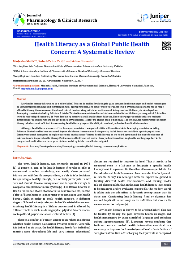 (PDF) Health Literacy as a Global Public Health Concern: A Systematic ...