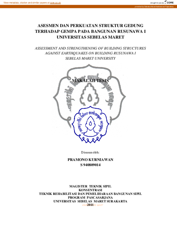 (PDF) Asesmen Dan Perkuatan Struktur Gedung Terhadap Gempa Pada Bangunan Rusunawa I Universitas ...