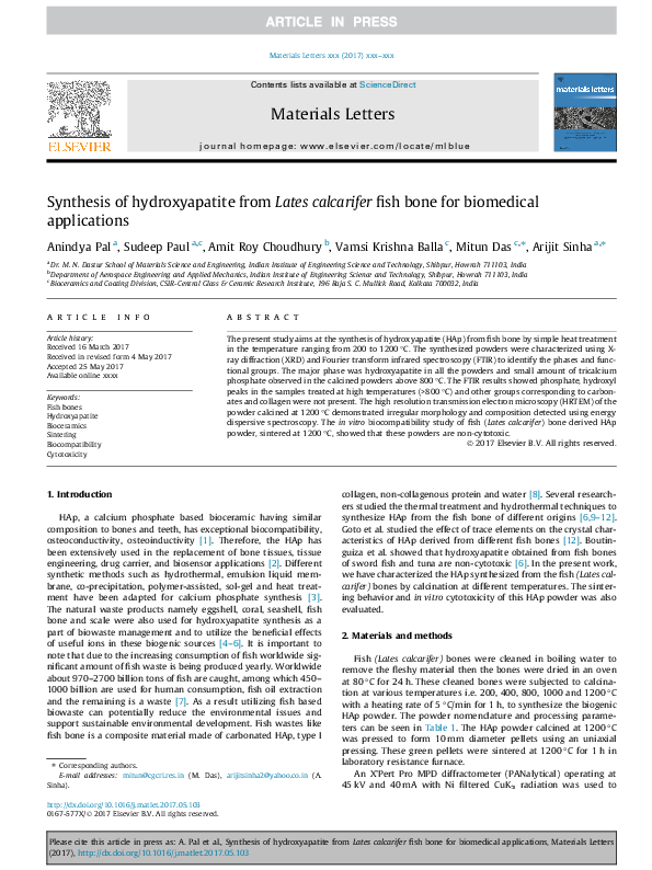 (PDF) Synthesis of hydroxyapatite from Lates calcarifer fish bone for ...
