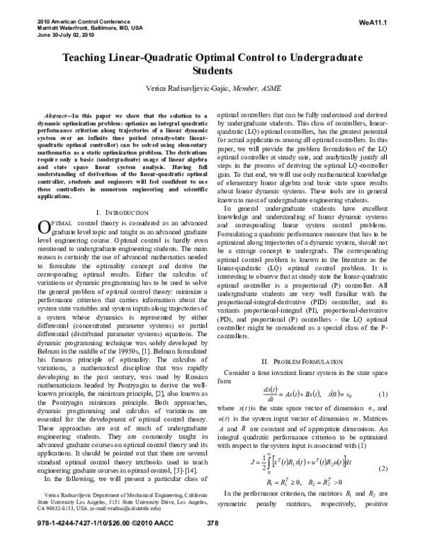(PDF) Teaching linear-quadratic optimal control to undergraduate students