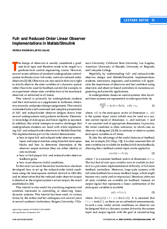 Pdf Full And Reduced Order Linear Observer Implementations In Matlabsimulink Lecture Notes 