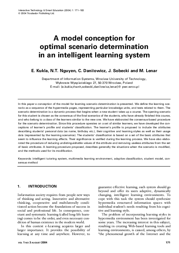 (PDF) A model conception for optimal scenario determination in an intelligent learning system