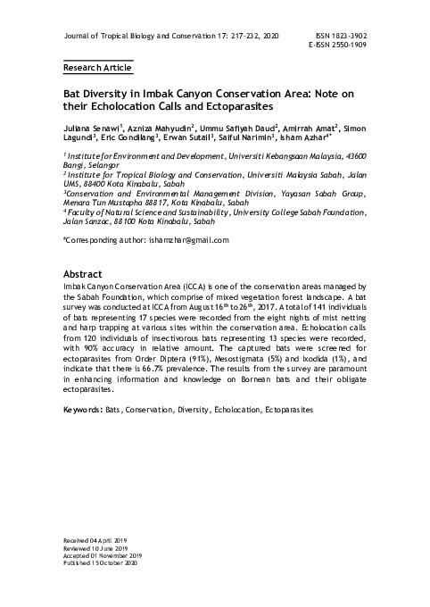 (PDF) Bat Diversity in Imbak Canyon Conservation Area: Note on their ...