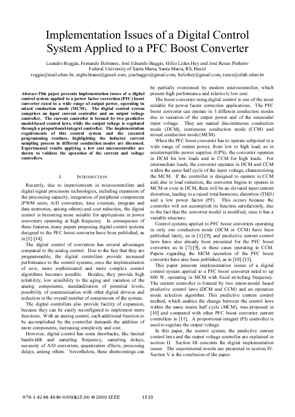 (PDF) Implementation issues of a digital control system applied to a PFC boost converter