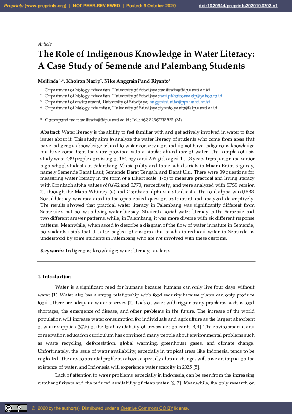 (PDF) The Role of Indigenous Knowledge in Water Literacy: A Case Study of Semende and Palembang ...