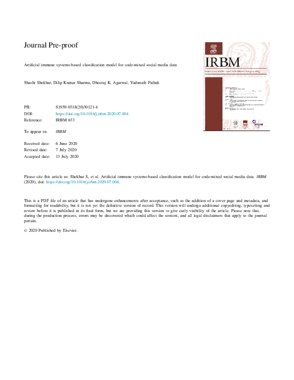 Pdf Artificial Immune Systems Based Classification Model For Code Mixed Social Media Data