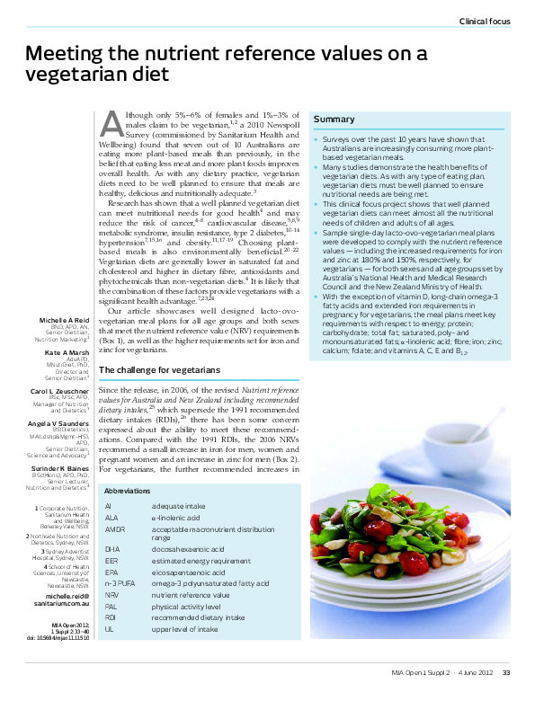 (PDF) Meeting the nutrient reference values on a vegetarian diet