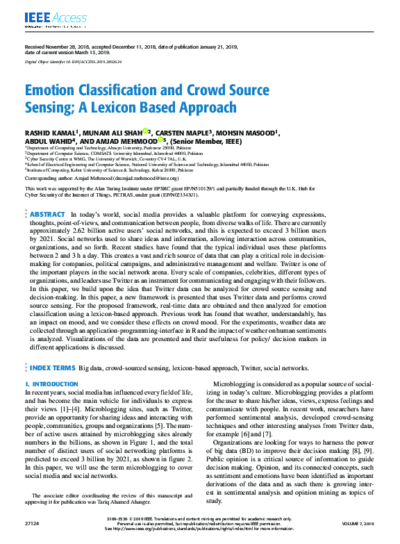 (PDF) Emotion Classification and Crowd Source Sensing; A Lexicon Based ...