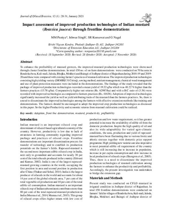 (PDF) Impact assessment of improved production technologies of Indian mustard (Brassica juncea ...