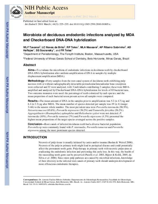 (PDF) Microbiota of deciduous endodontic infections analysed by MDA and ...