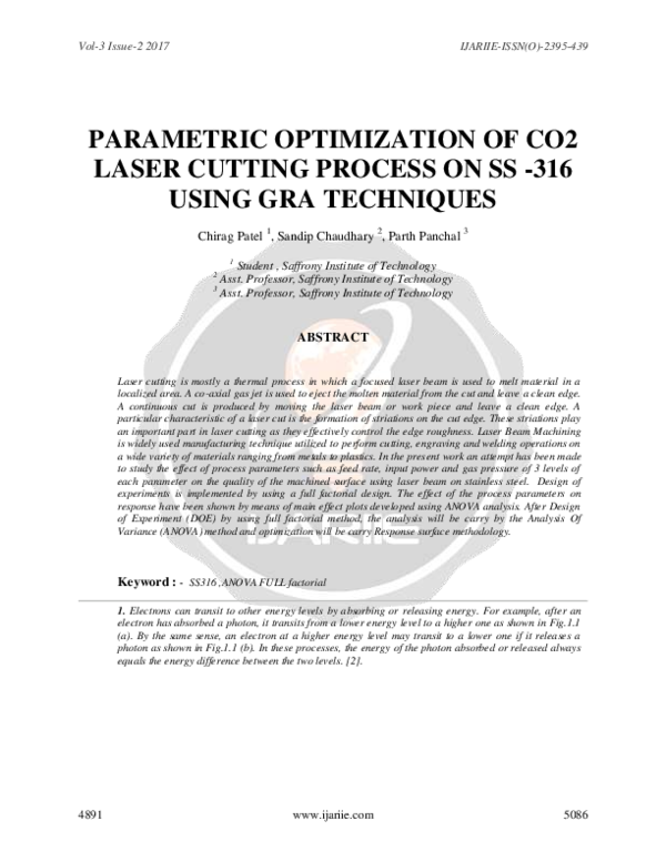 Pdf Parametric Optimization Of Co2 Laser Cutting Process On Ss 316using Gra Techniques