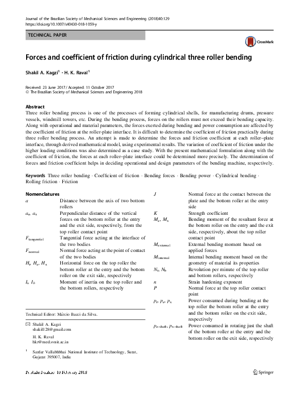 (PDF) Forces and coefficient of friction during cylindrical three roller bending