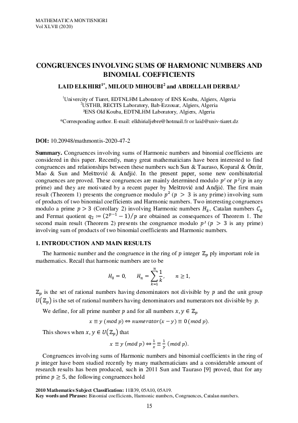 (PDF) Congruences involving sums of harmonic numbers and binomial coefficients