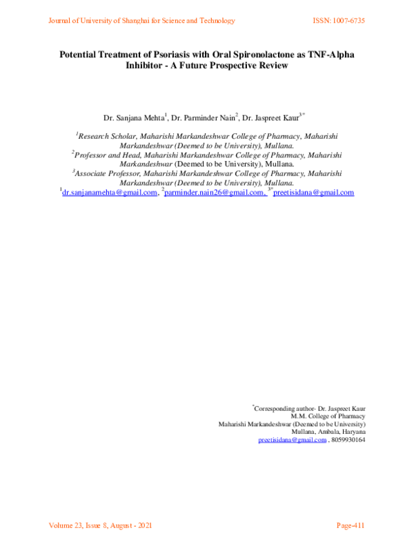 (PDF) Potential Treatment of Psoriasis with Oral Spironolactone as TNF ...