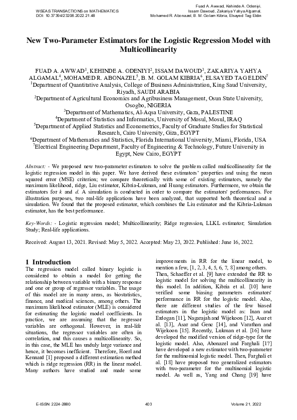 Pdf New Two Parameter Estimators For The Logistic Regression Model