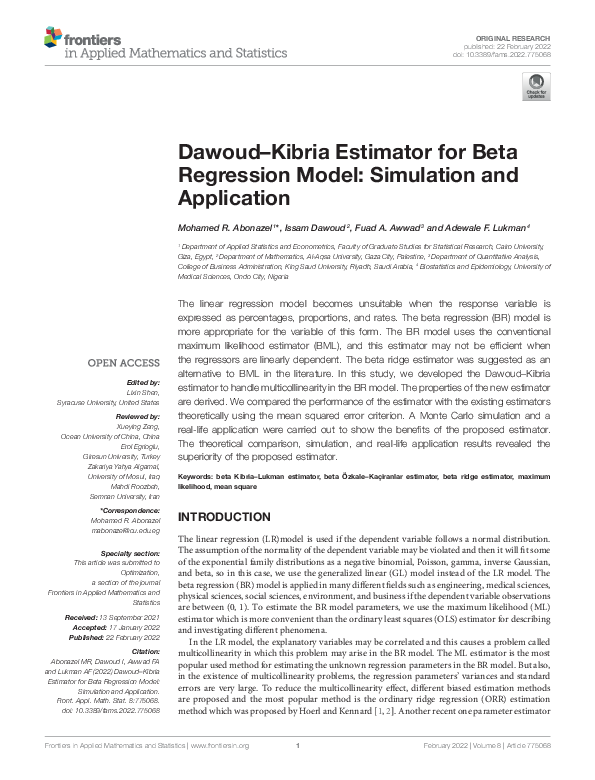 (PDF) Dawoud–Kibria Estimator for Beta Regression Model: Simulation and ...