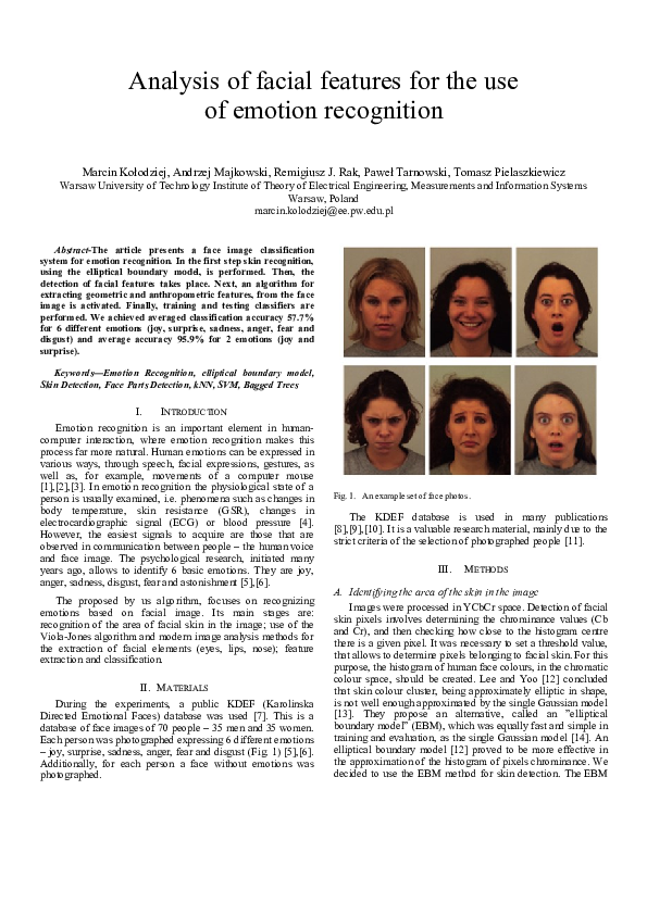 (PDF) Analysis of facial features for the use of emotion recognition