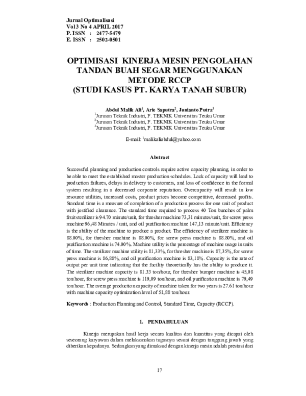 (PDF) Optimisasi Kinerja Mesin Pengolahan Tandan Buah Segar Menggunakan ...
