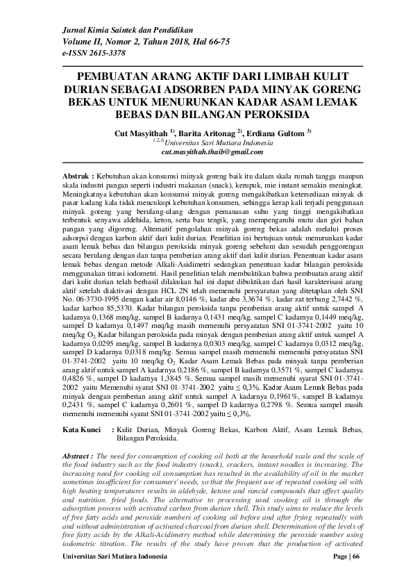 (PDF) Pembuatan Arang Aktif Dari Limbah Kulit Durian Sebagai Adsorben ...