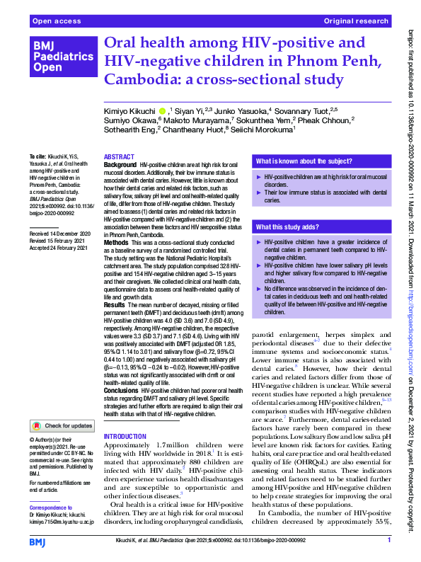 (PDF) Oral health among HIV-positive and HIV-negative children in Phnom ...