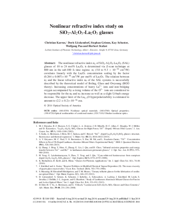(PDF) Nonlinear refractive index study on SiO_2-Al_2O_3-La_2O_3 glasses