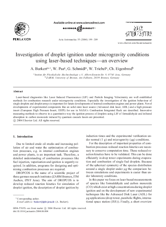 (PDF) Investigation of droplet ignition under microgravity conditions using laser-based ...