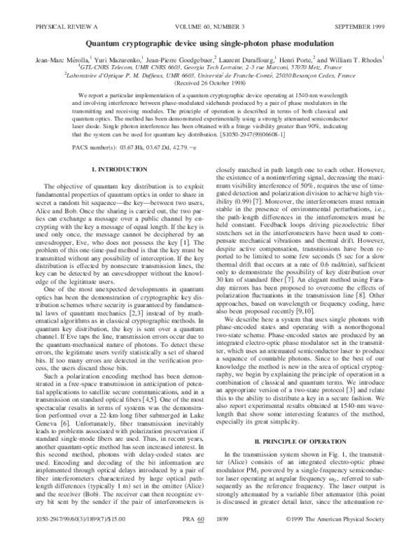 (PDF) Quantum cryptographic device using single-photon phase modulation