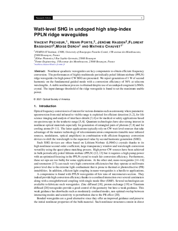 (PDF) Watt-level SHG in undoped high step-index PPLN ridge waveguides