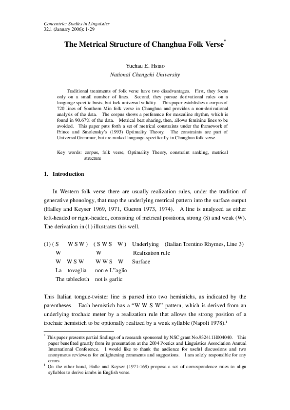(PDF) The Metrical Structure of Changhua Folk Verse