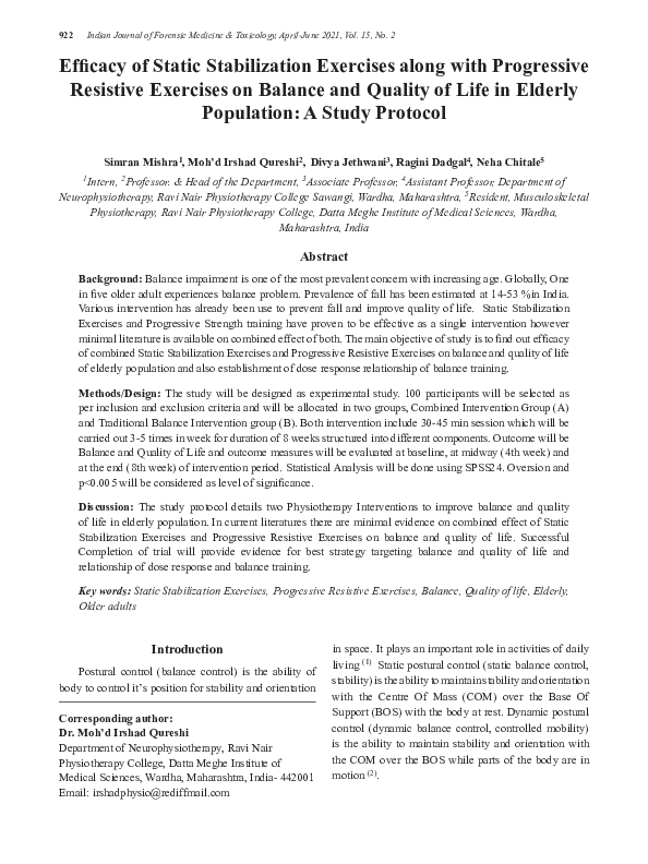(PDF) Efficacy of Static Stabilization Exercises along with Progressive Resistive Exercises on ...